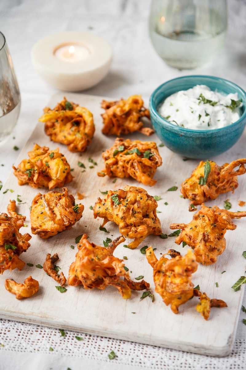 Vegan Mini Shallot Bhajis & Minted Yogurt - Claire Justine